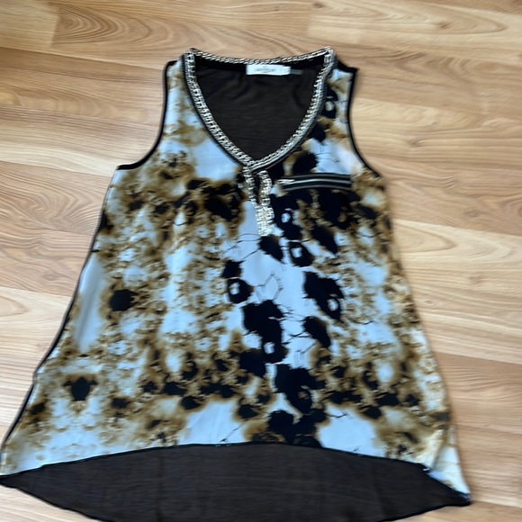 Tops | Griffin Paris Black Gold Chain Tank Top Sheer Back With Attached ...